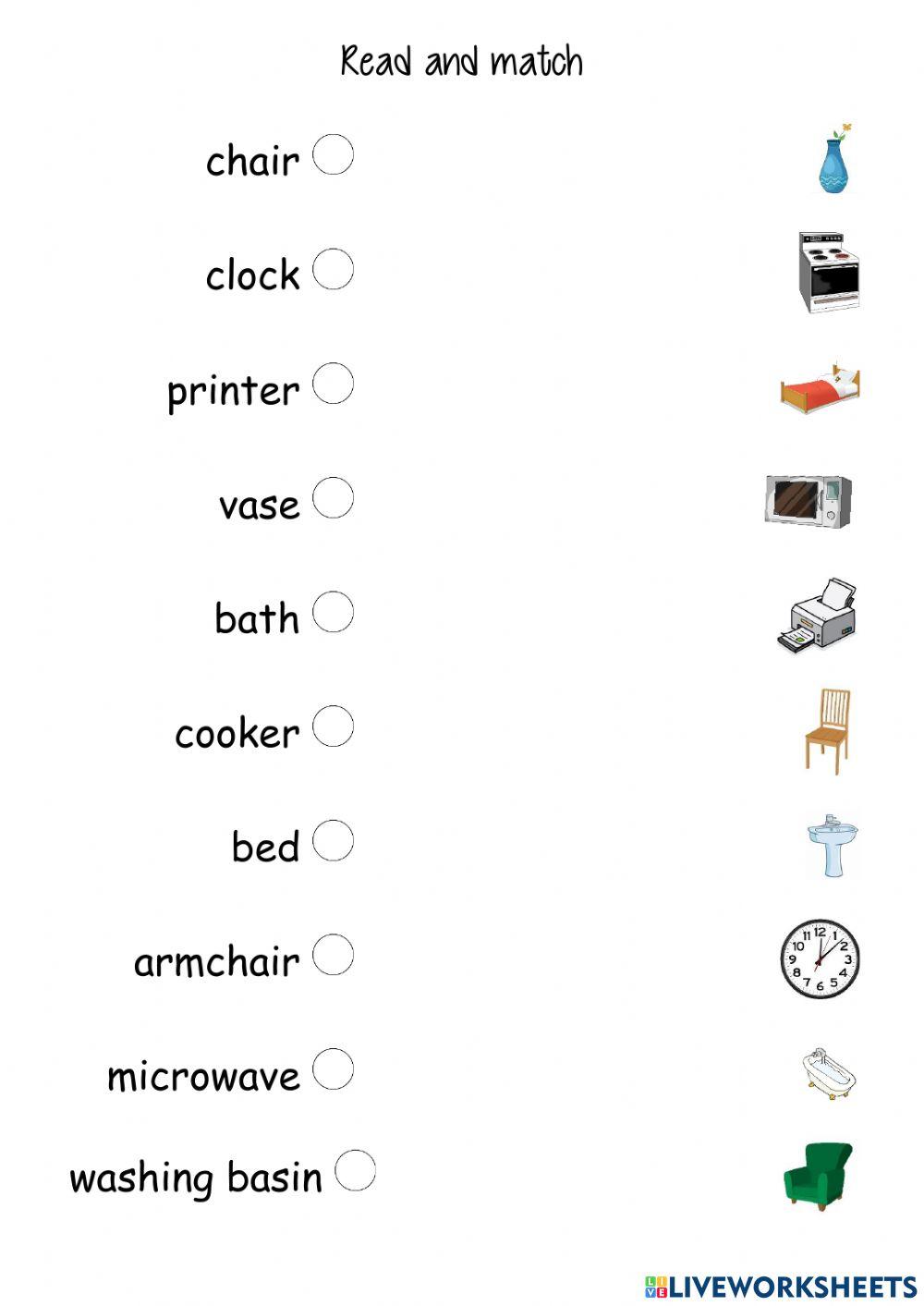 Read and match furniture 1 worksheet | Live Worksheets