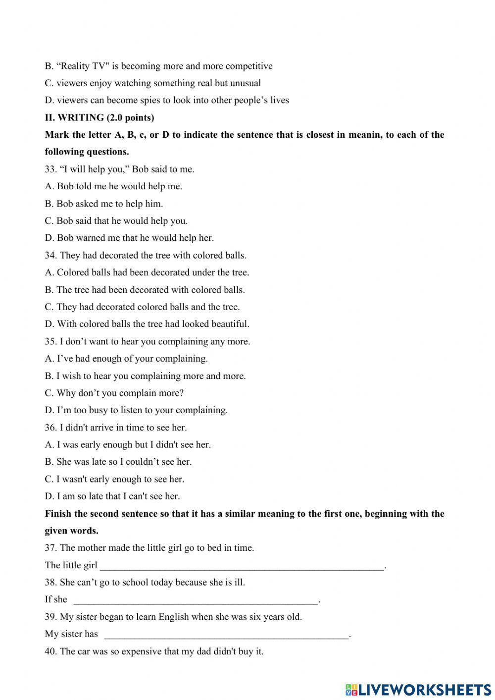 English Grade 9 Test 1 worksheet | Live Worksheets