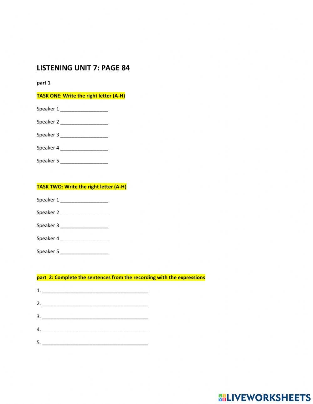 Listening page 84 worksheet | Live Worksheets