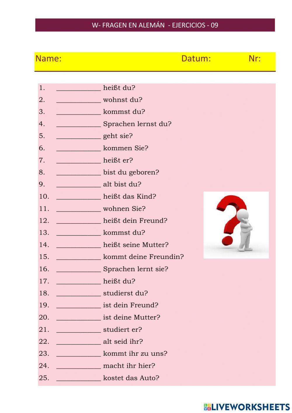 W-Fragen 09 | Free Interactive Worksheets | 2050540