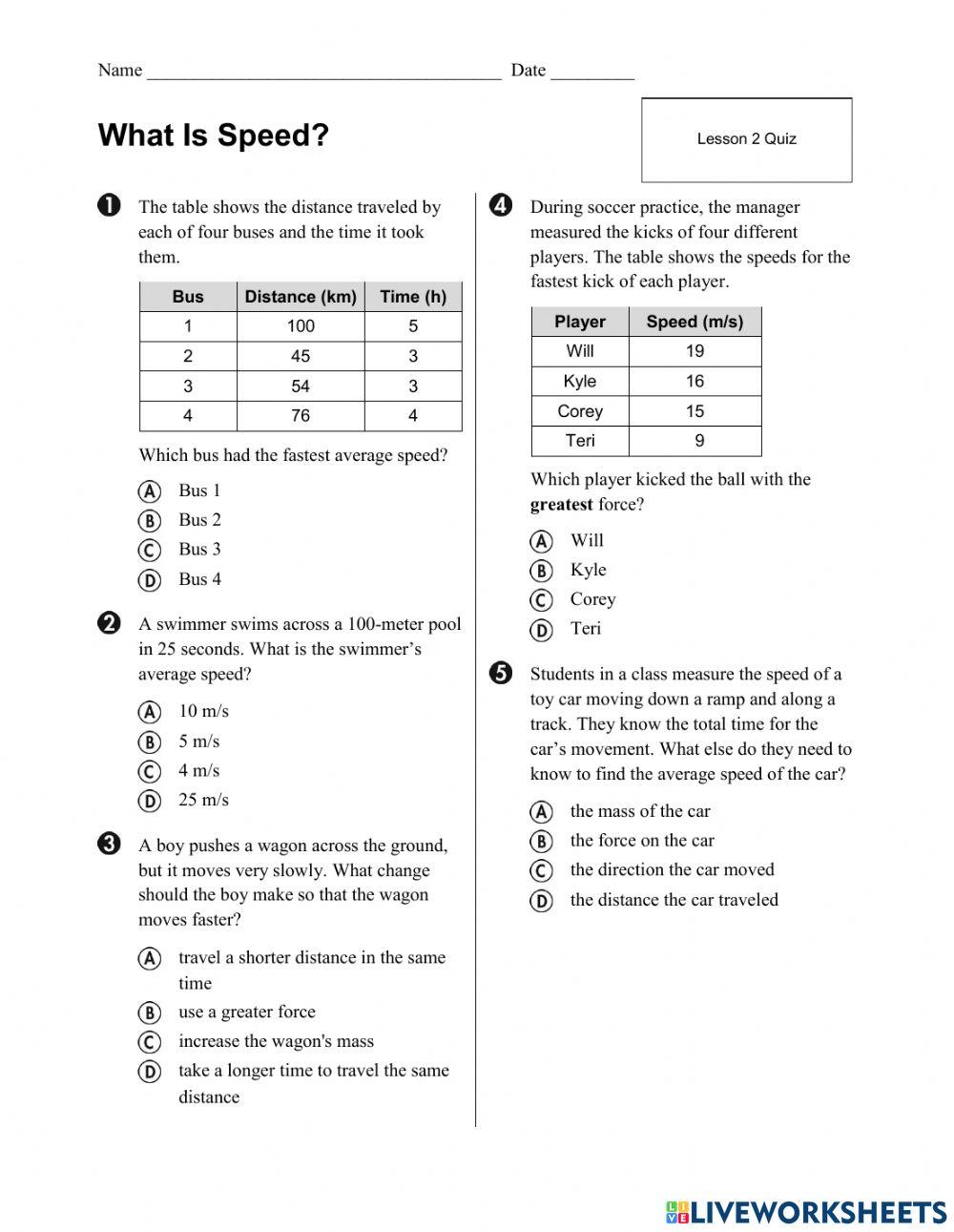What is speed worksheet | Live Worksheets
