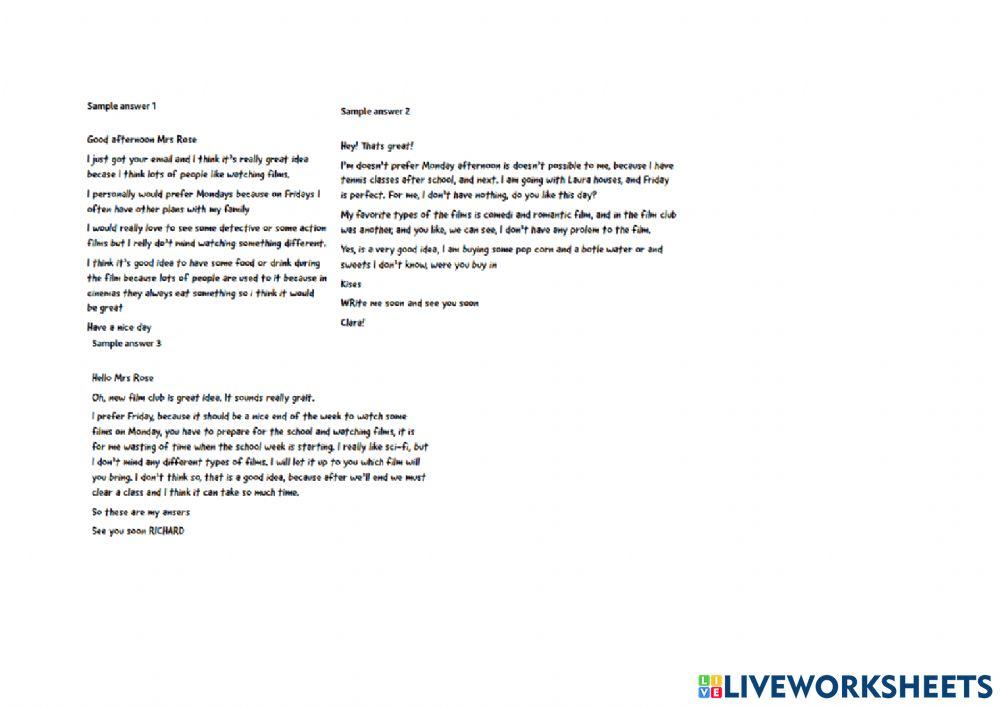 English assessment: Sample answers worksheet | Live Worksheets