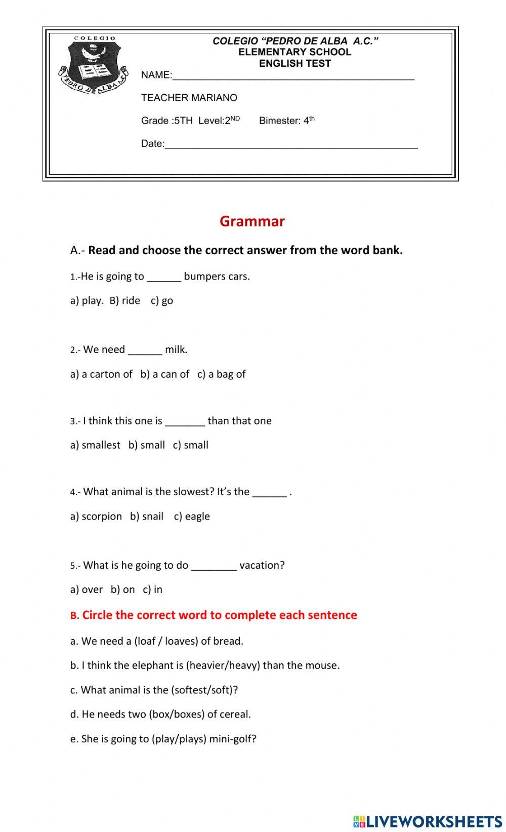 English Exam May 5th grade worksheet | Live Worksheets