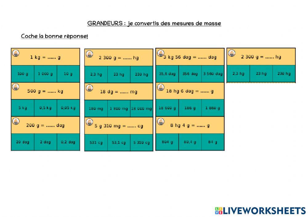 Conversion mesures de masse interactive worksheet | Live Worksheets