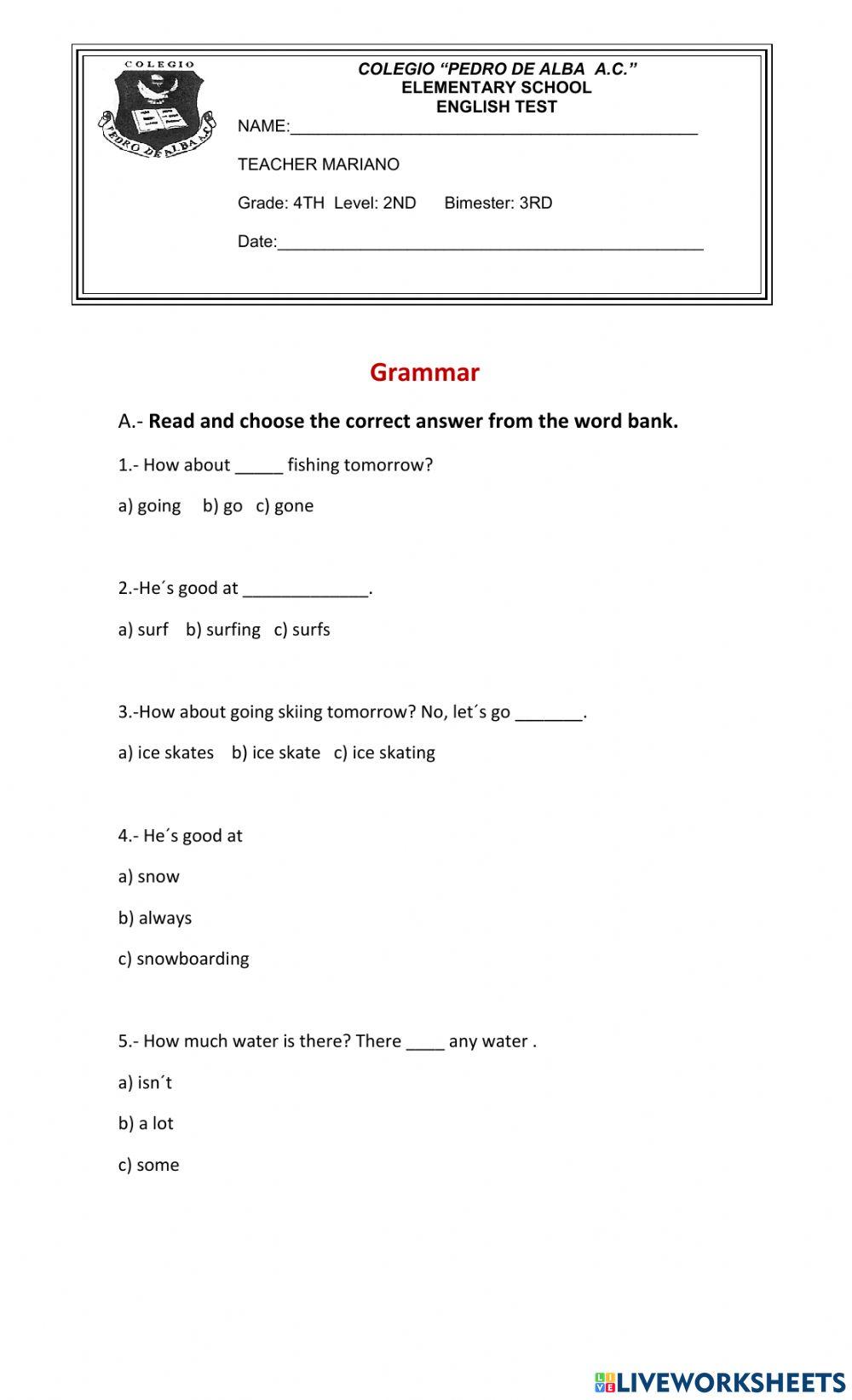 English 4th grade exam worksheet | Live Worksheets