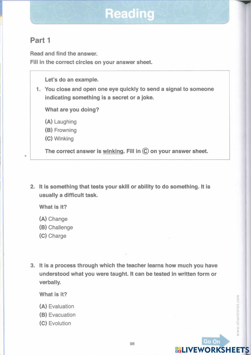 Step 2 book 3 practice test reading part 1 worksheet | Live Worksheets
