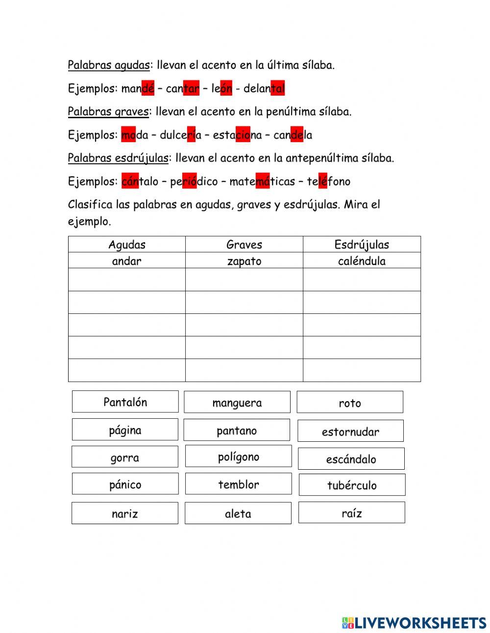 Acento interactive worksheet for tercero de Primaria | Live Worksheets