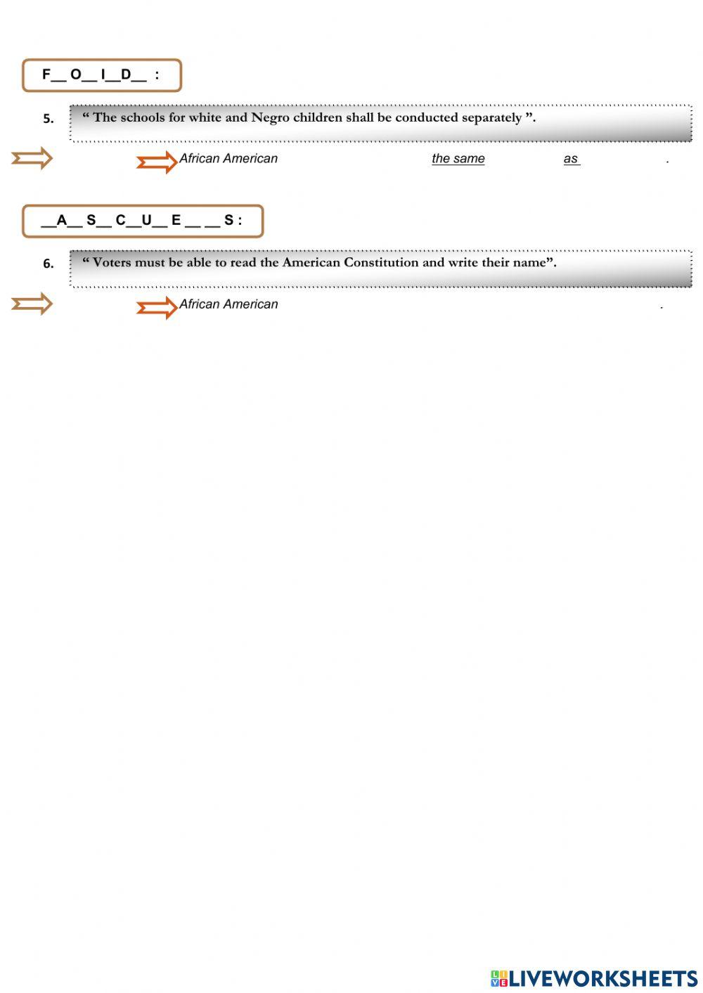 Jim Crow Law Piste Rouge interactive worksheet | Live Worksheets