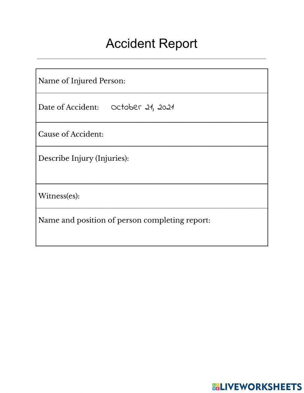 Accident Report interactive worksheet | Live Worksheets