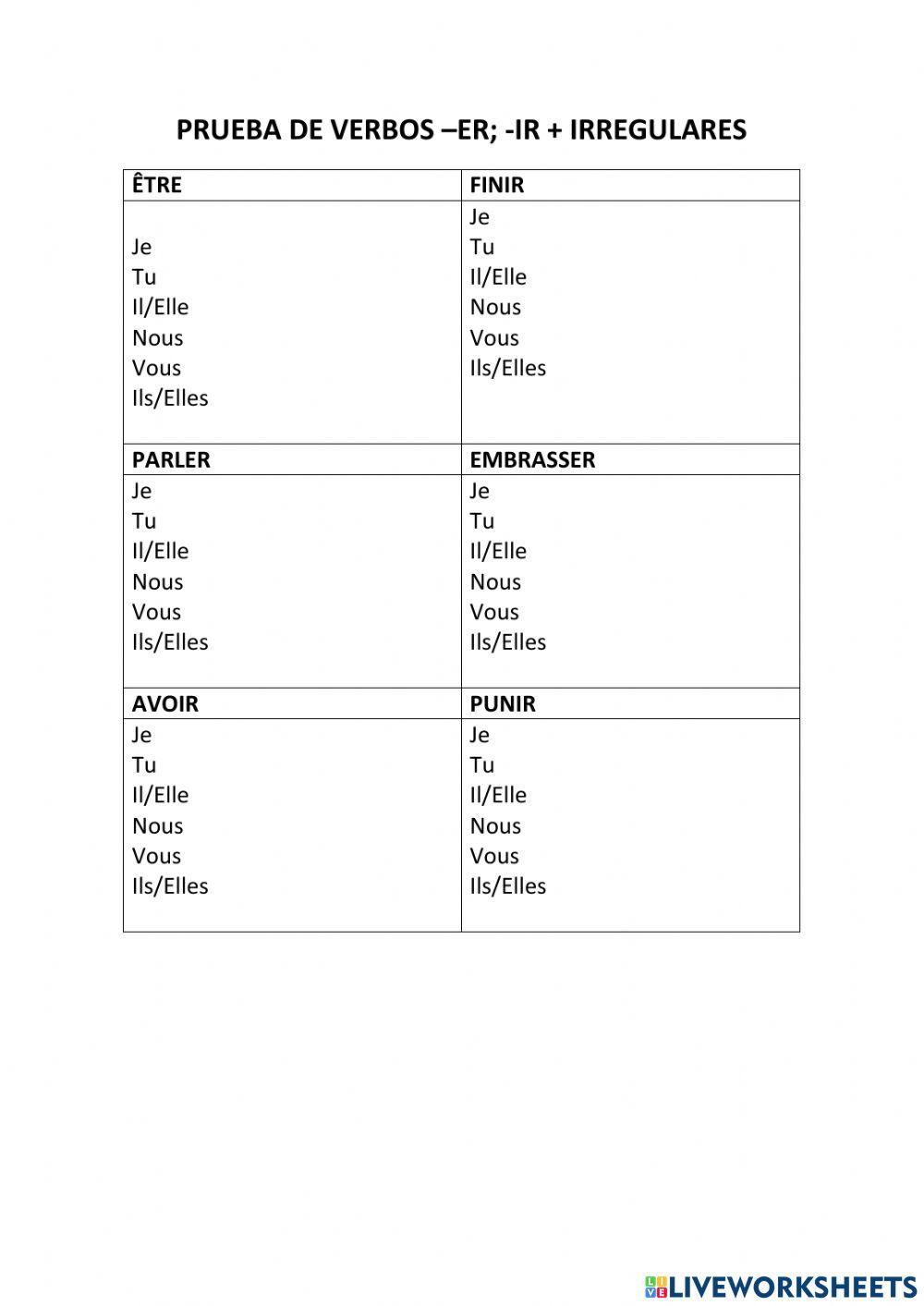 Verbes en IR | LiveWorksheets | 2054473