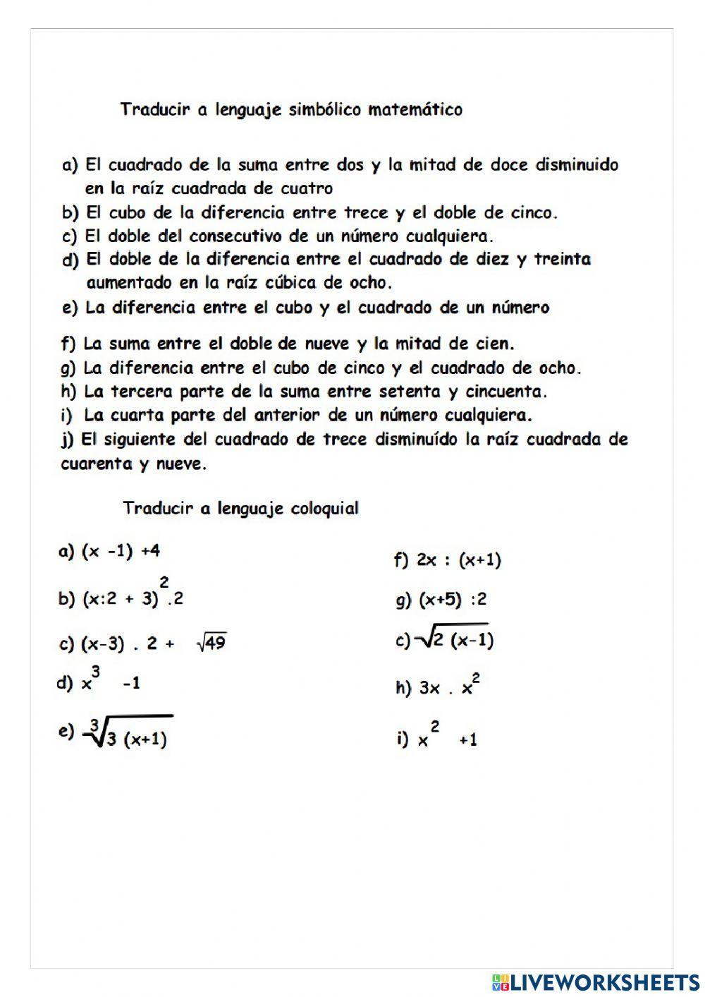 Practicamos lenguaje algebraico worksheet | Live Worksheets