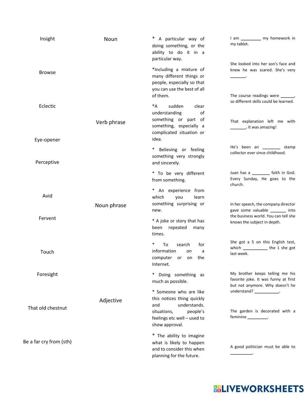 Vocabulary online exercise for advanced | Live Worksheets