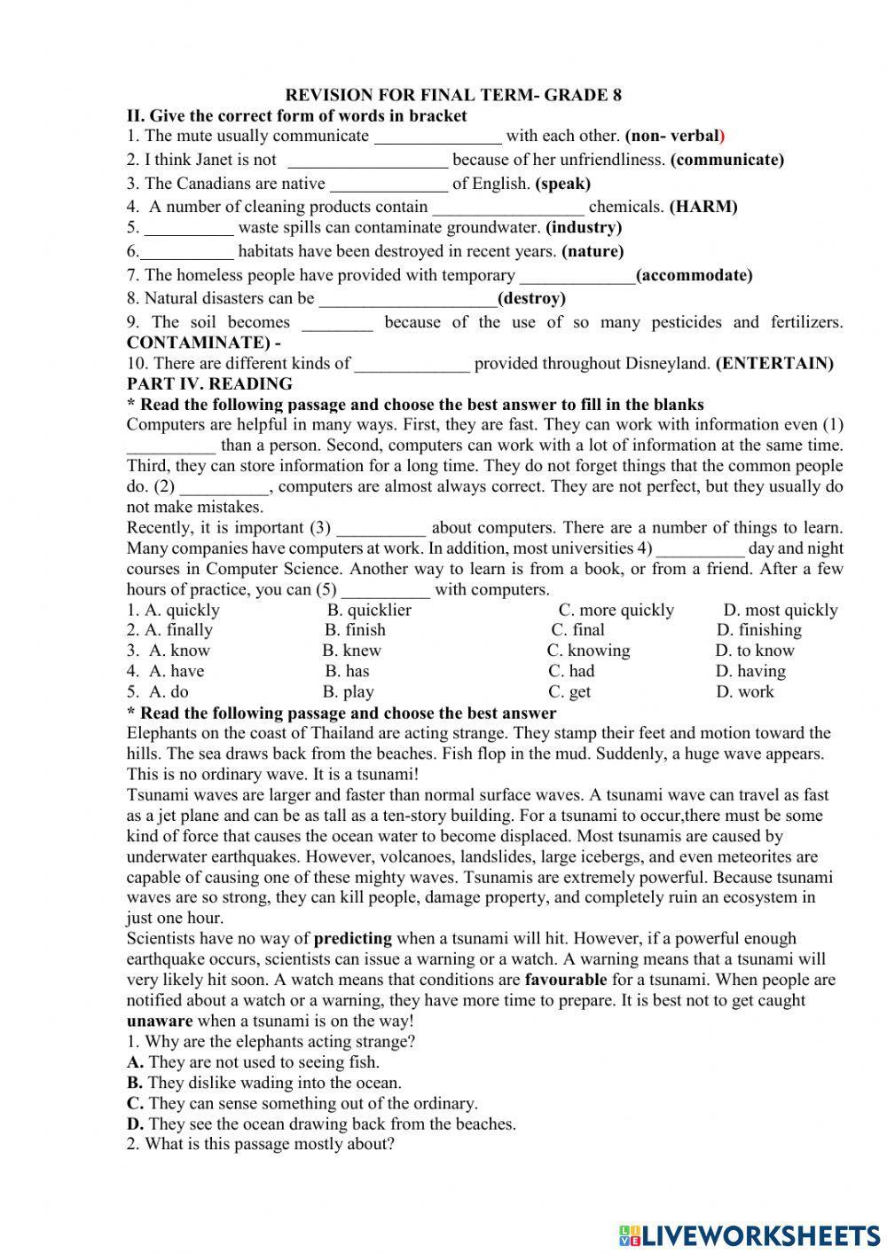 Revision for final term- grade 8 2020550 | thuydo255