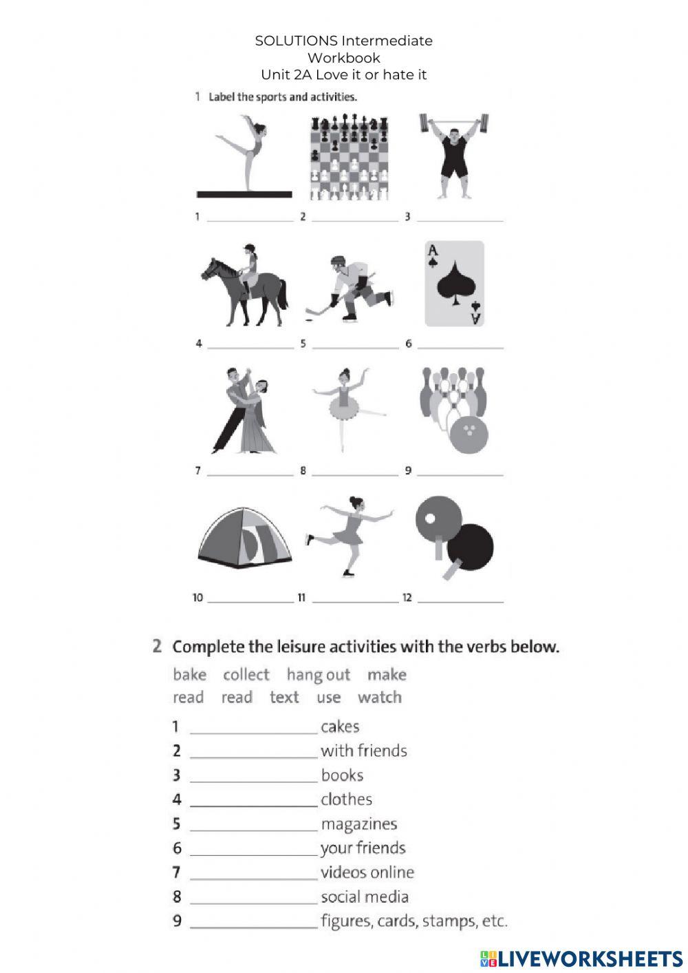 SOLUTIONS Intermediate Workbook Unit 2A Love it or hate it online exercise for | Live Worksheets