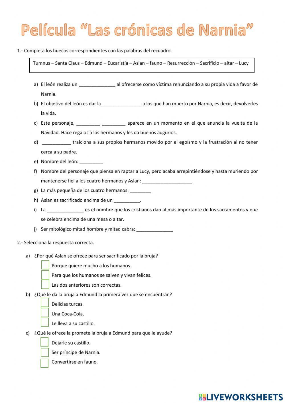 Película -Las crónicas de Narnia- worksheet | Live Worksheets