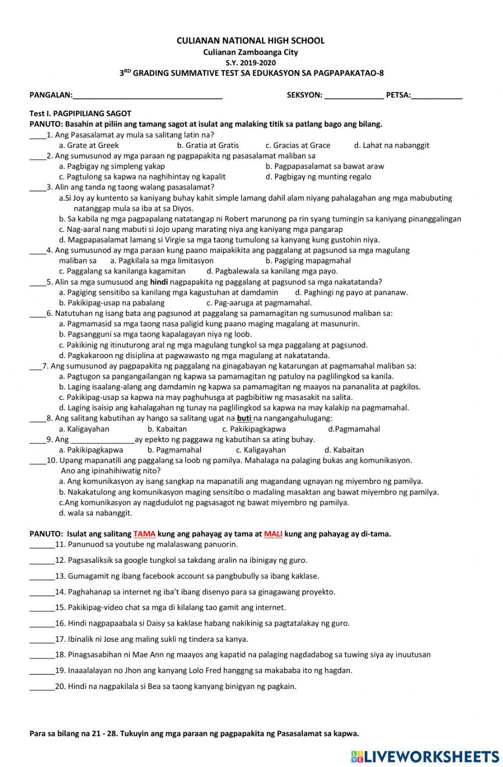 3rd Quarter Summative Test for Grade 8 online exercise for | Live ...
