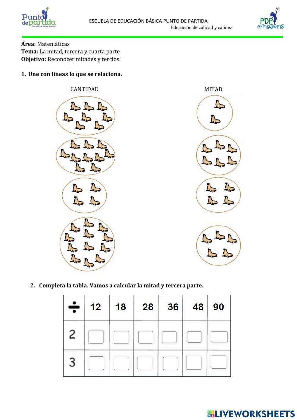 Mitad, tercera … | Free Interactive Worksheets | 2054821