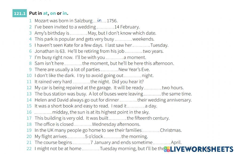 AT IN ON - time prepositions worksheet | Live Worksheets