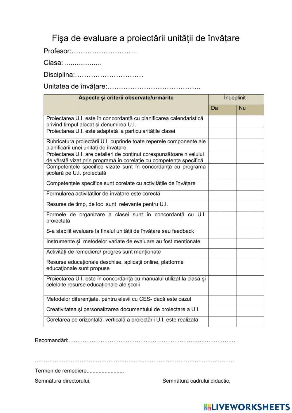 Fise de evaluare | Free Interactive Worksheets | 2055385