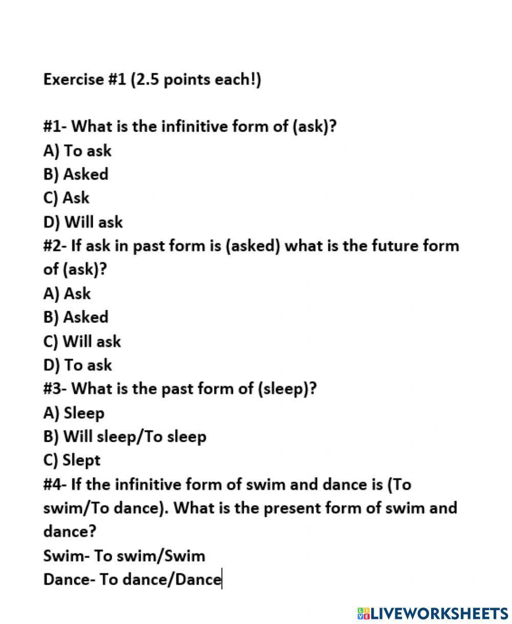Past, Present, Future, and Infinitive worksheet | Live Worksheets