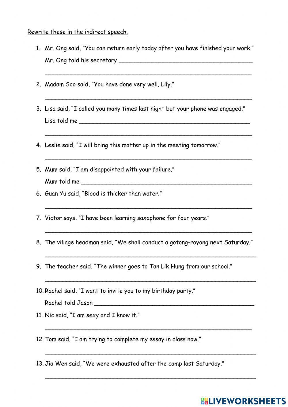 Indirect Speech Statements worksheet | Live Worksheets