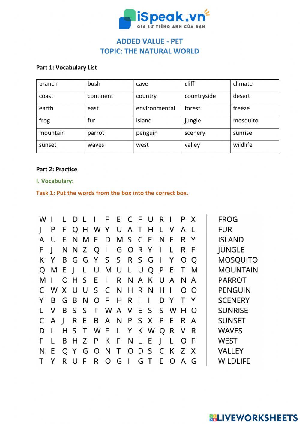 ADDED VALUE PET - The Natural World worksheet | Live Worksheets