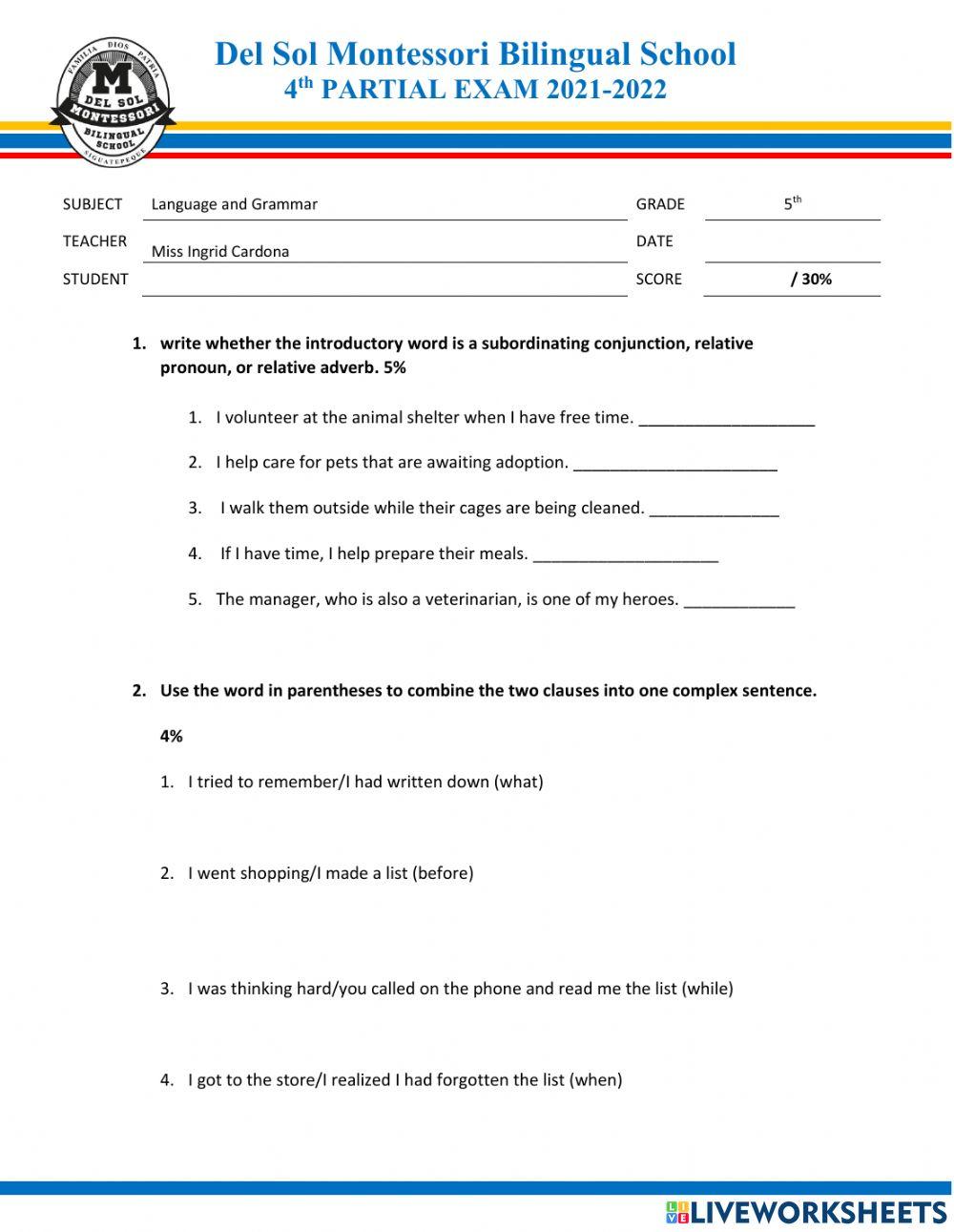Language and Grammar 5th Grade worksheet | Live Worksheets