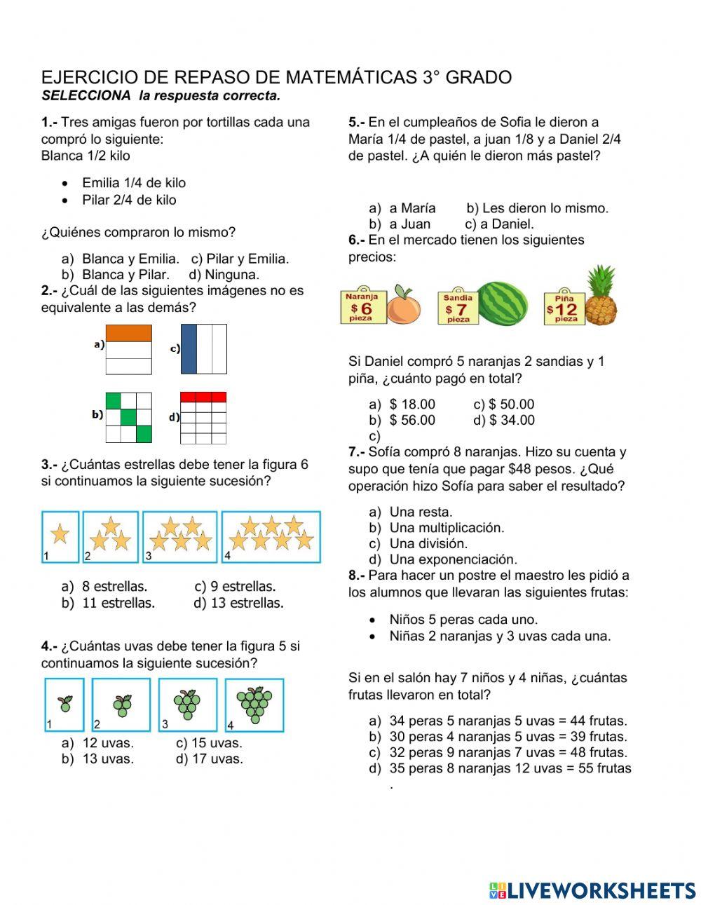 Ejercicio de repaso de Matemáticas interactive worksheet | Live Worksheets