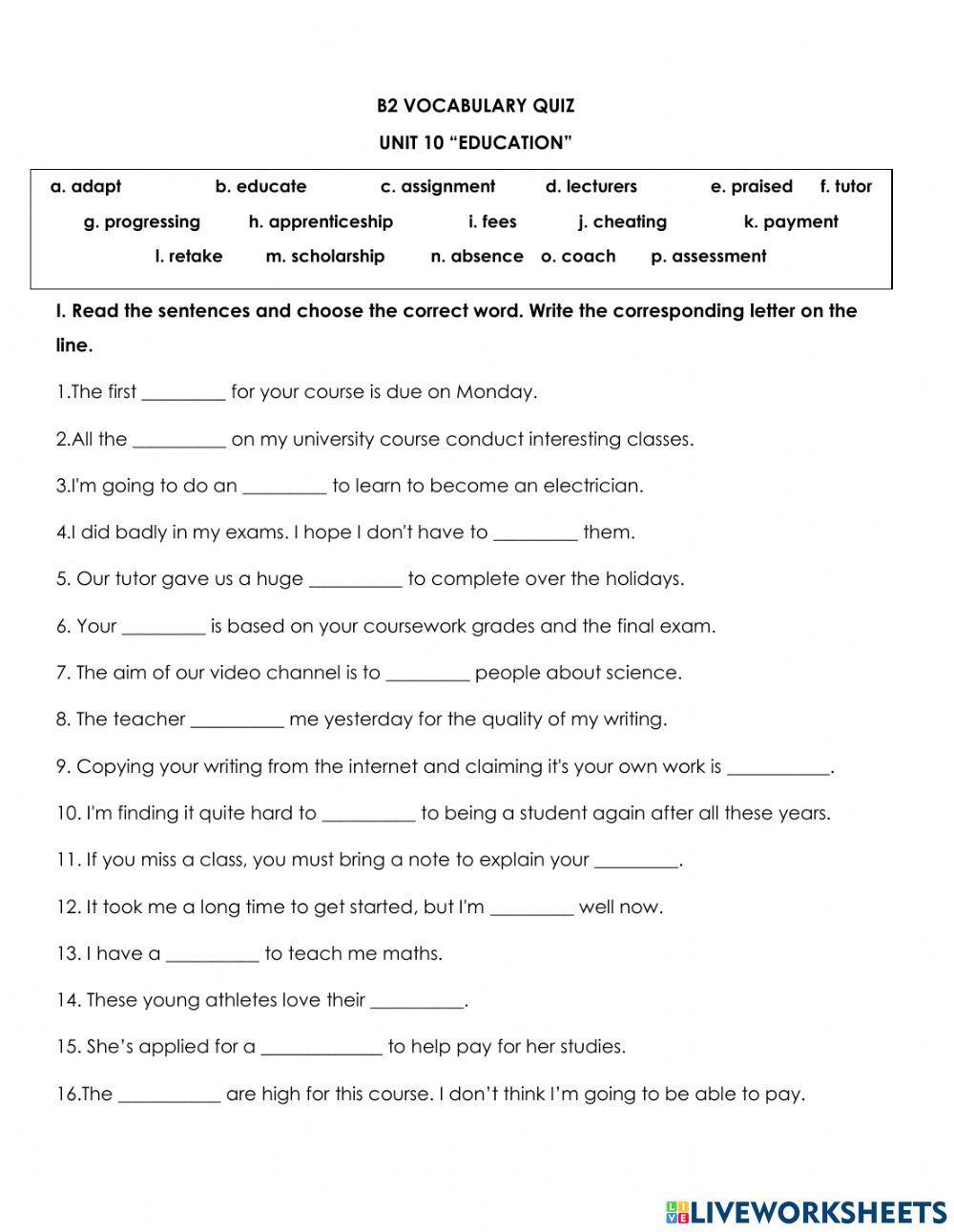 B2 vocabulary quiz unit 10 -education- worksheet | Live Worksheets