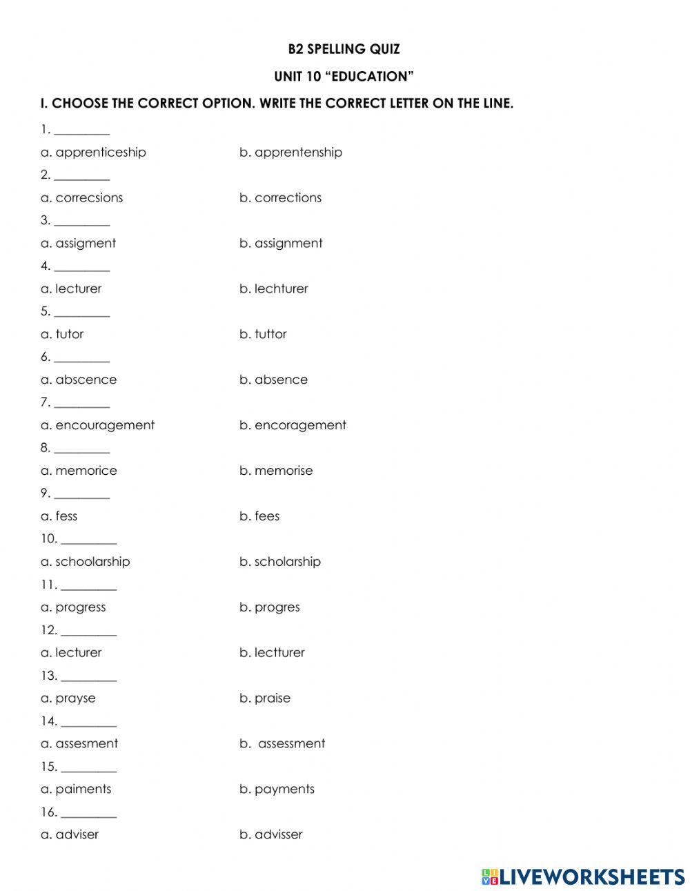 B2 spelling quiz unit 10 -education- worksheet | Live Worksheets