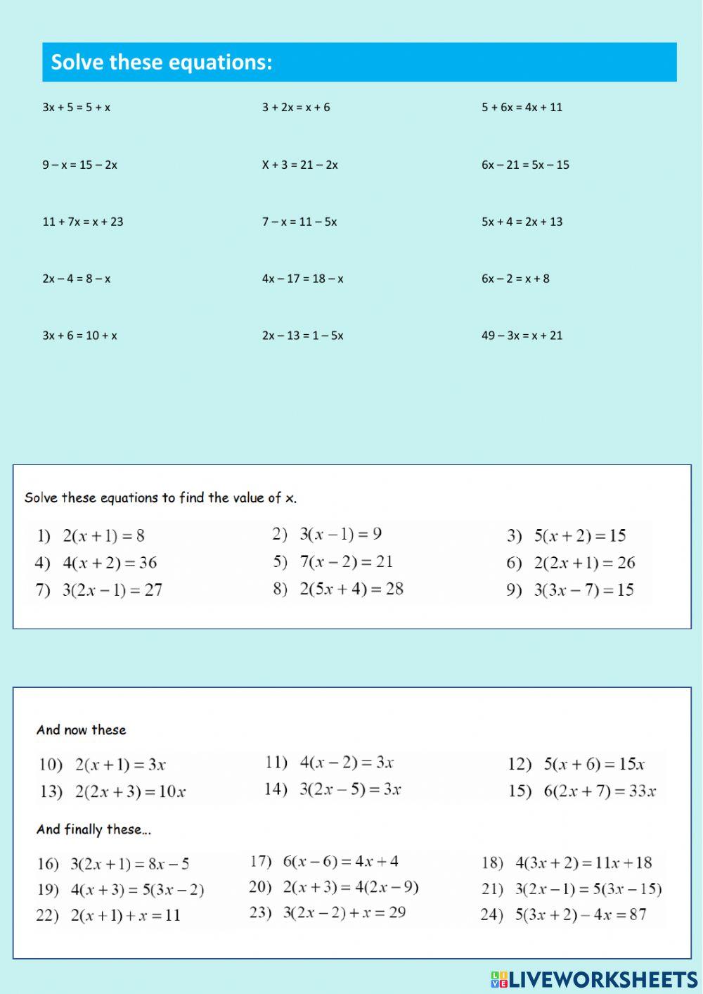 Eqations worksheet | Live Worksheets
