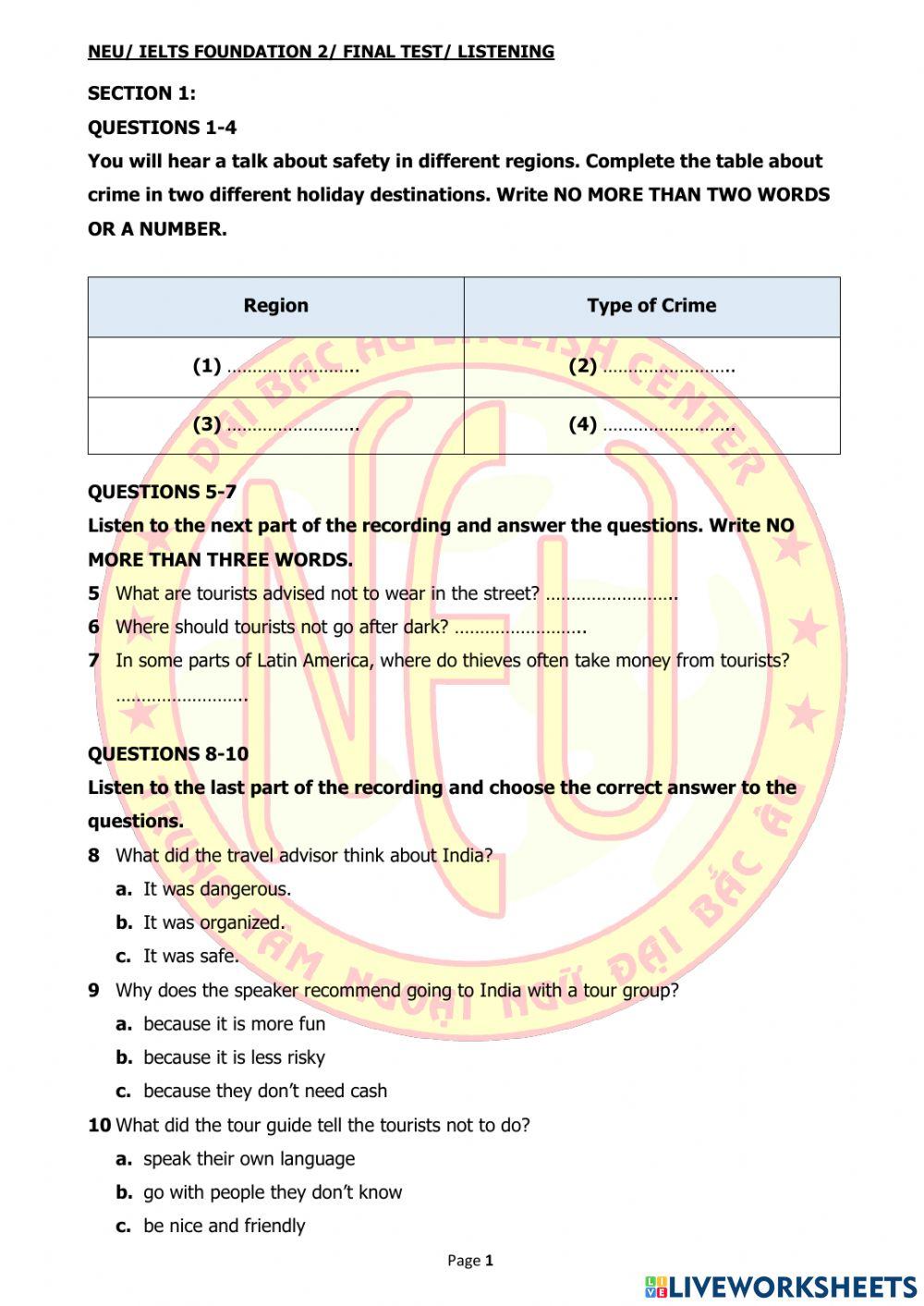 Ielts f2 final listening test worksheet | Live Worksheets