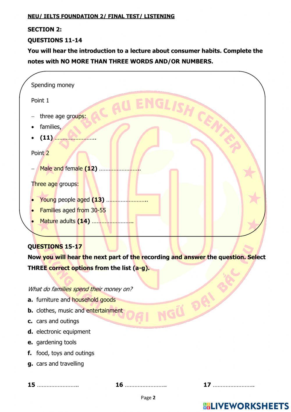 Ielts f2 final listening test worksheet | Live Worksheets