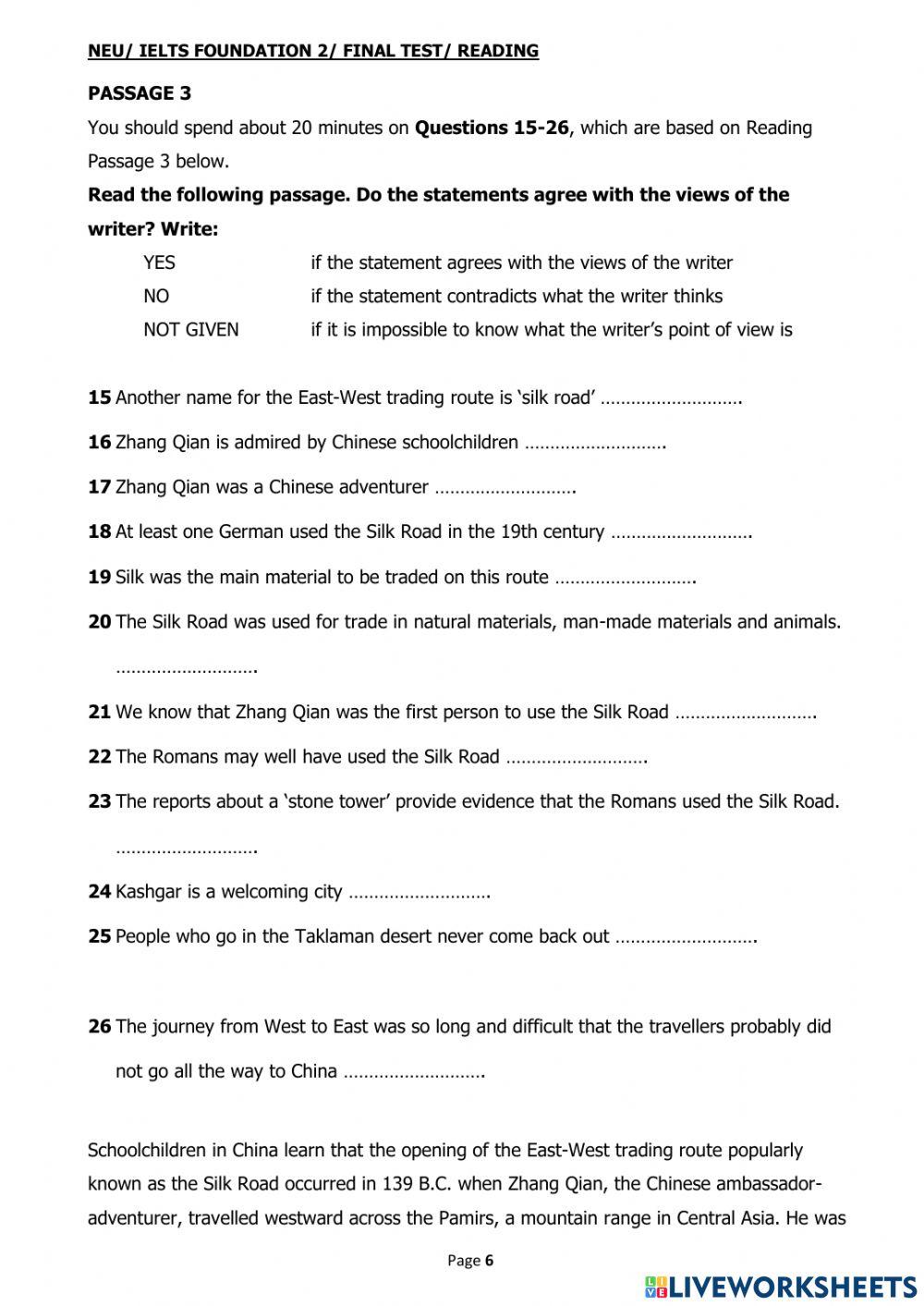Ielts f2 final reading test worksheet | Live Worksheets