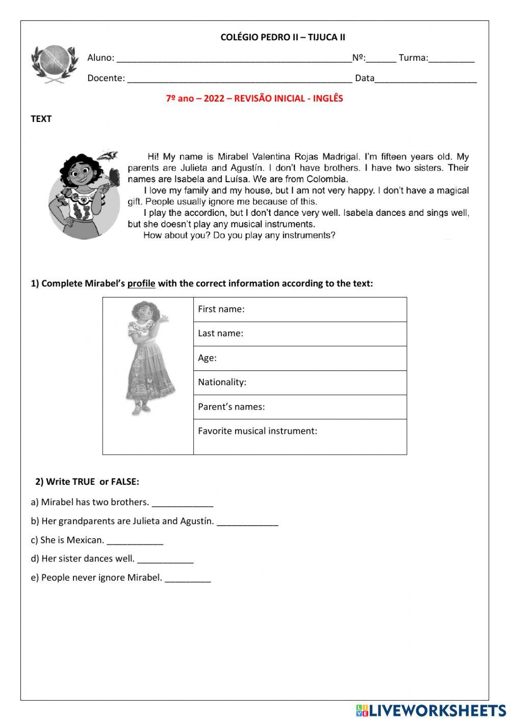 SIMPLE PRESENT - Mirabel's family - online exercise for | Live Worksheets