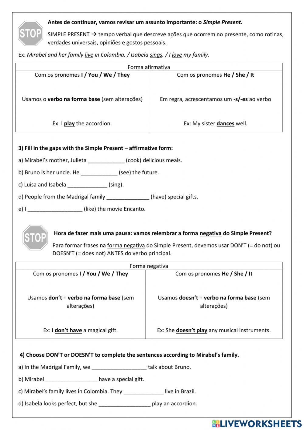 SIMPLE PRESENT - Mirabel's family - online exercise for | Live Worksheets