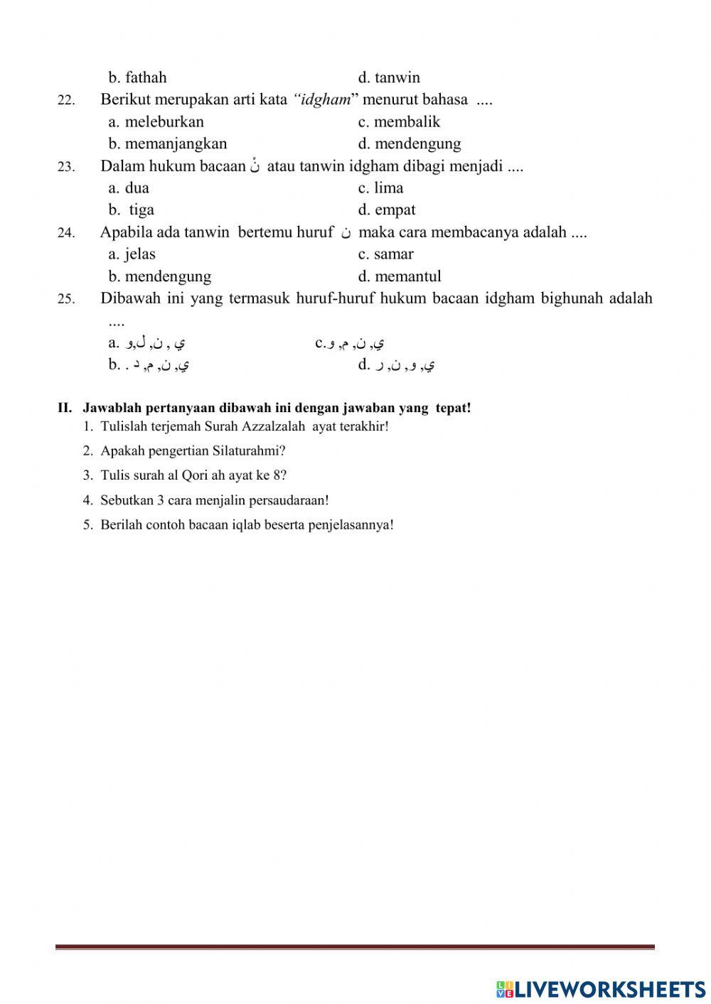 Qur an hadits 4 worksheet | Live Worksheets