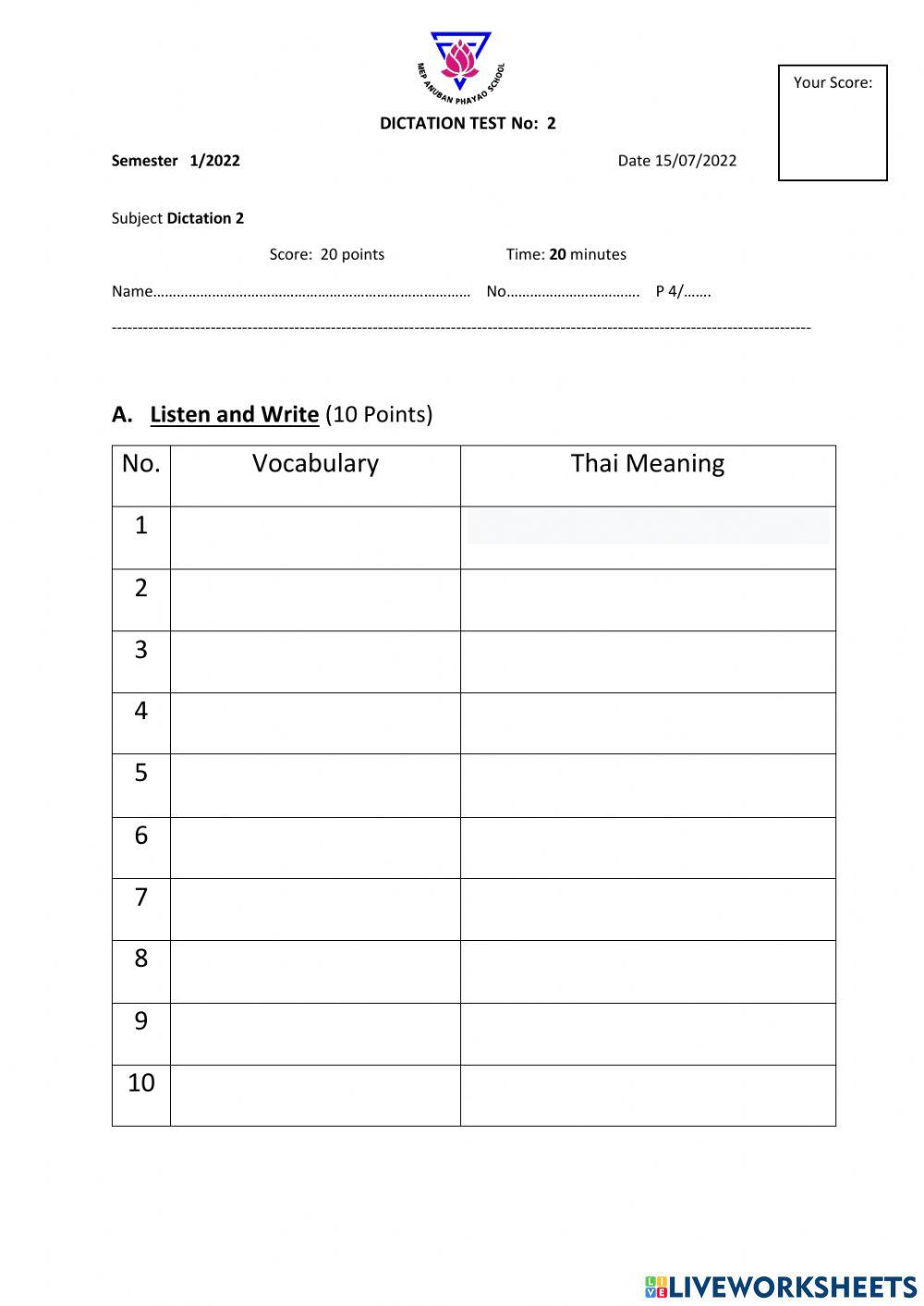 P4 BT 2 Monthly Dictation Test online exercise for | Live Worksheets
