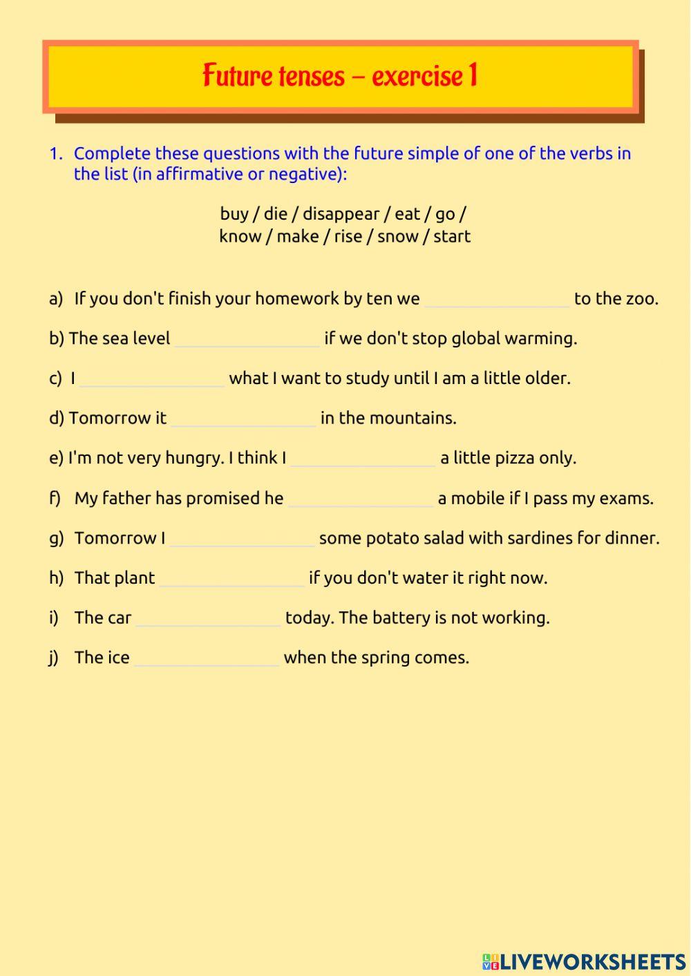 Future tenses exercise 1 worksheet | Live Worksheets