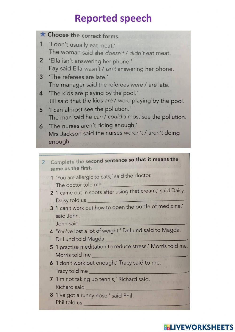 Reported speech online exercise for 8 | Live Worksheets