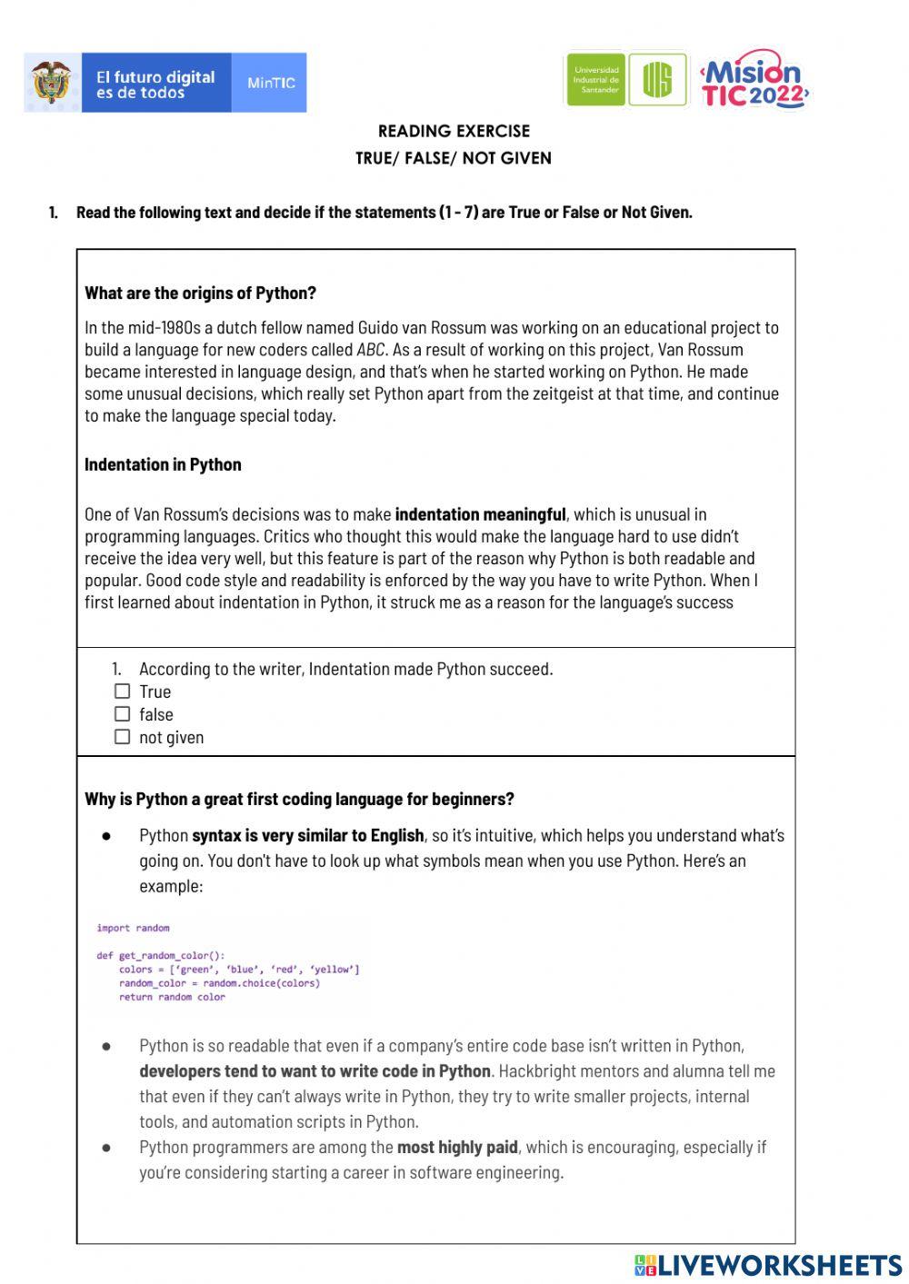 True-false- not given strategy worksheet | Live Worksheets