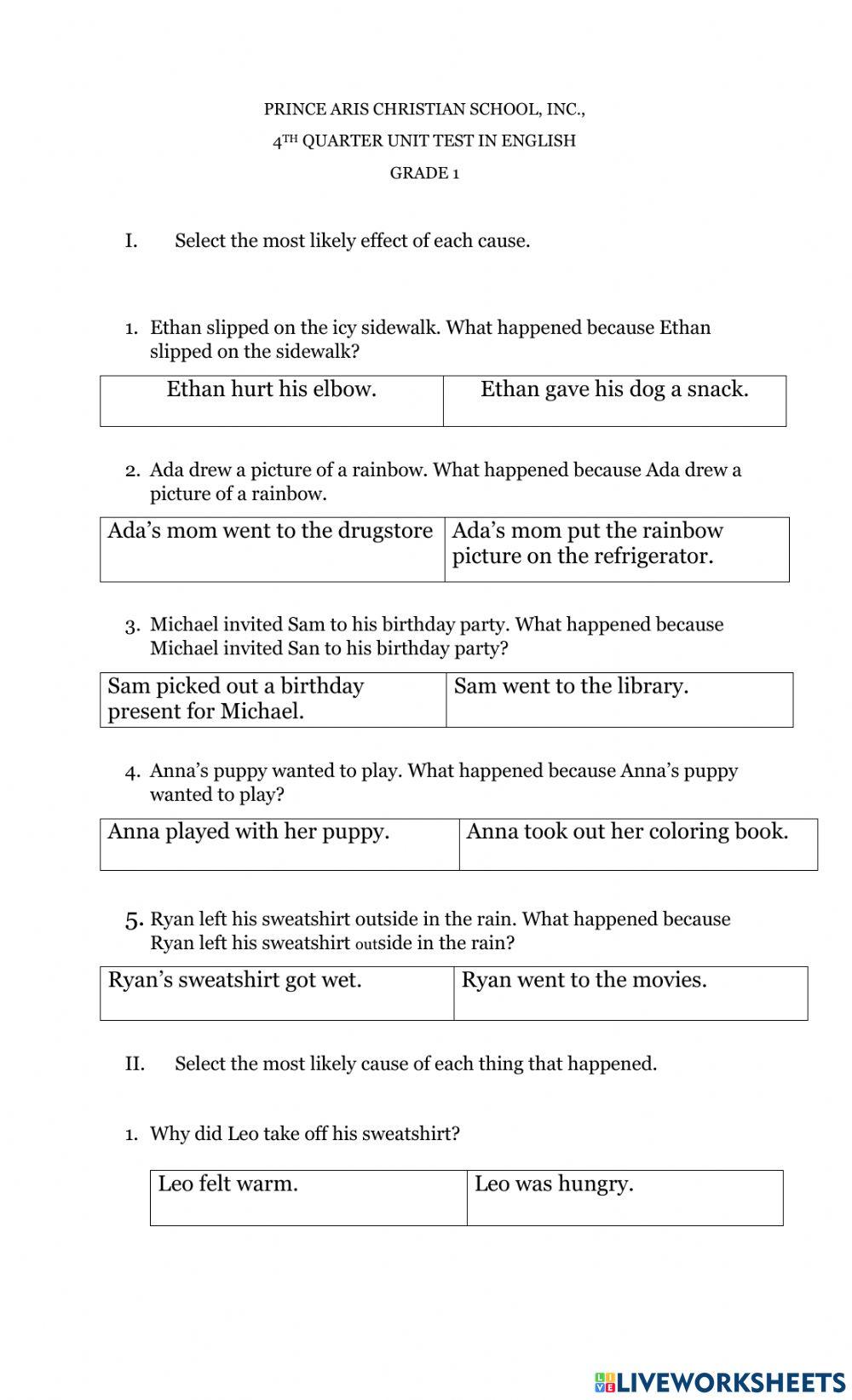 Gr.1 english unit test worksheet | Live Worksheets