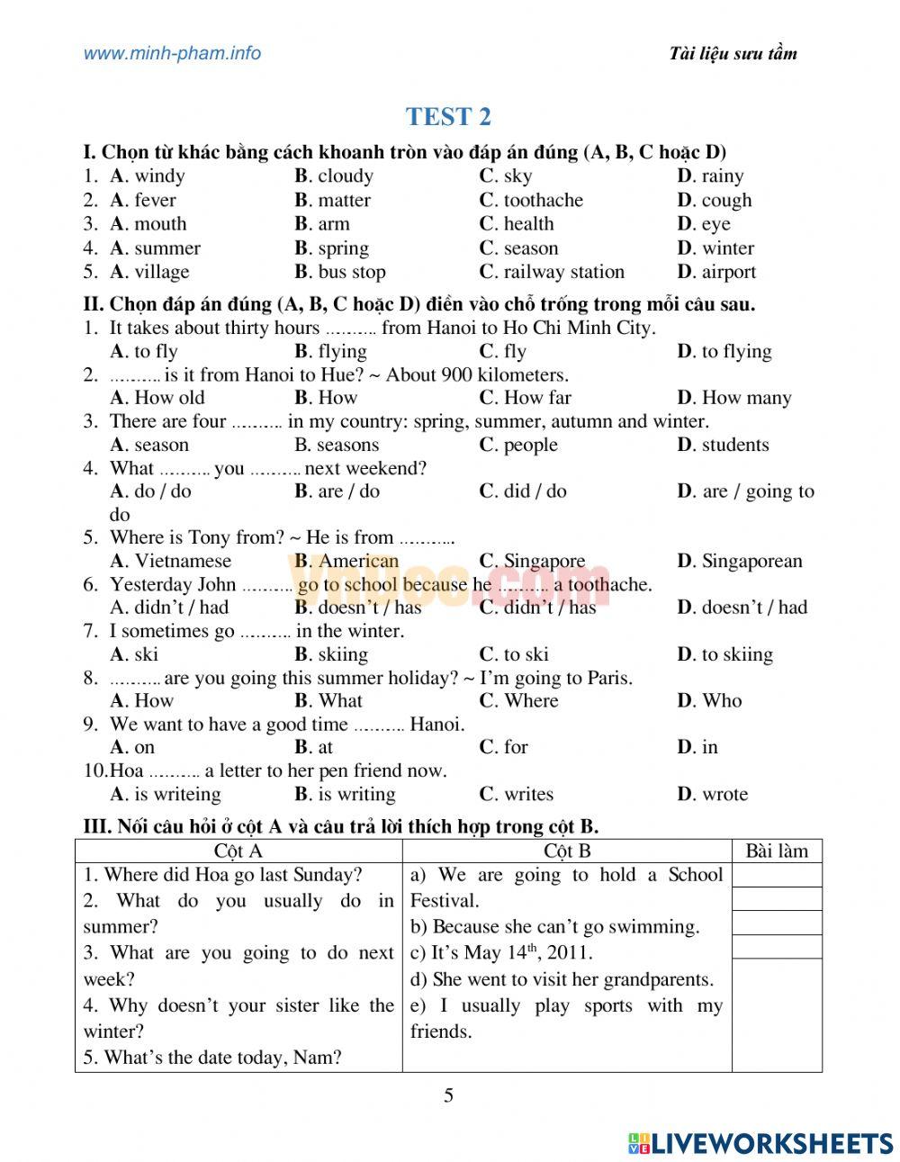 Trial test interactive worksheet for 5 | Live Worksheets