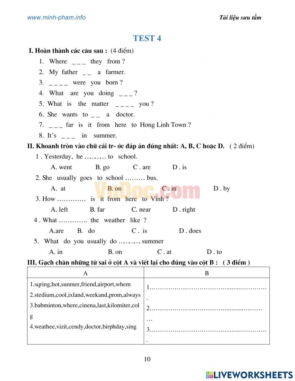 2023128 | Trial test | Vân Thùy | LiveWorksheets