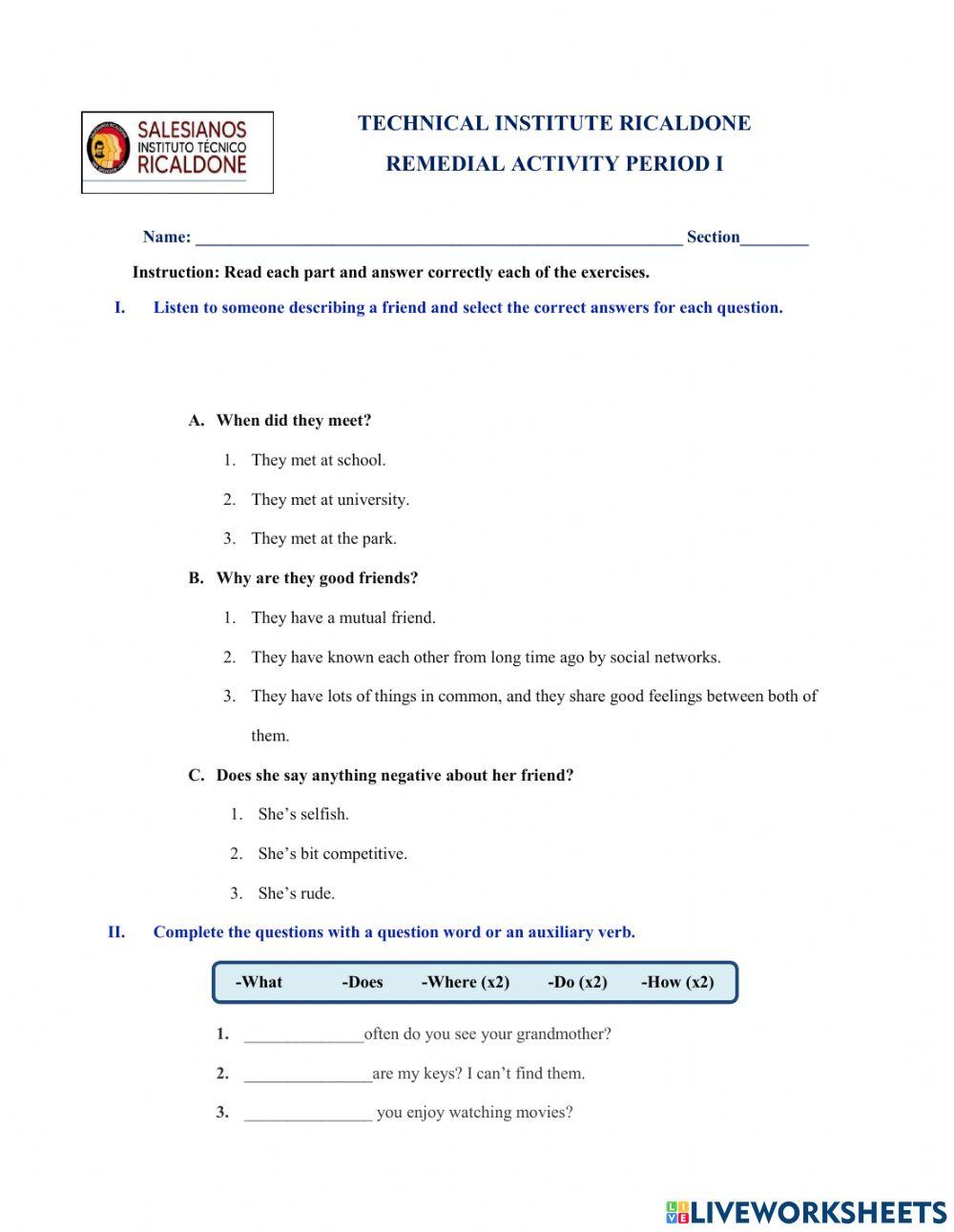 10th-English First Remedial Activity online exercise for | Live Worksheets