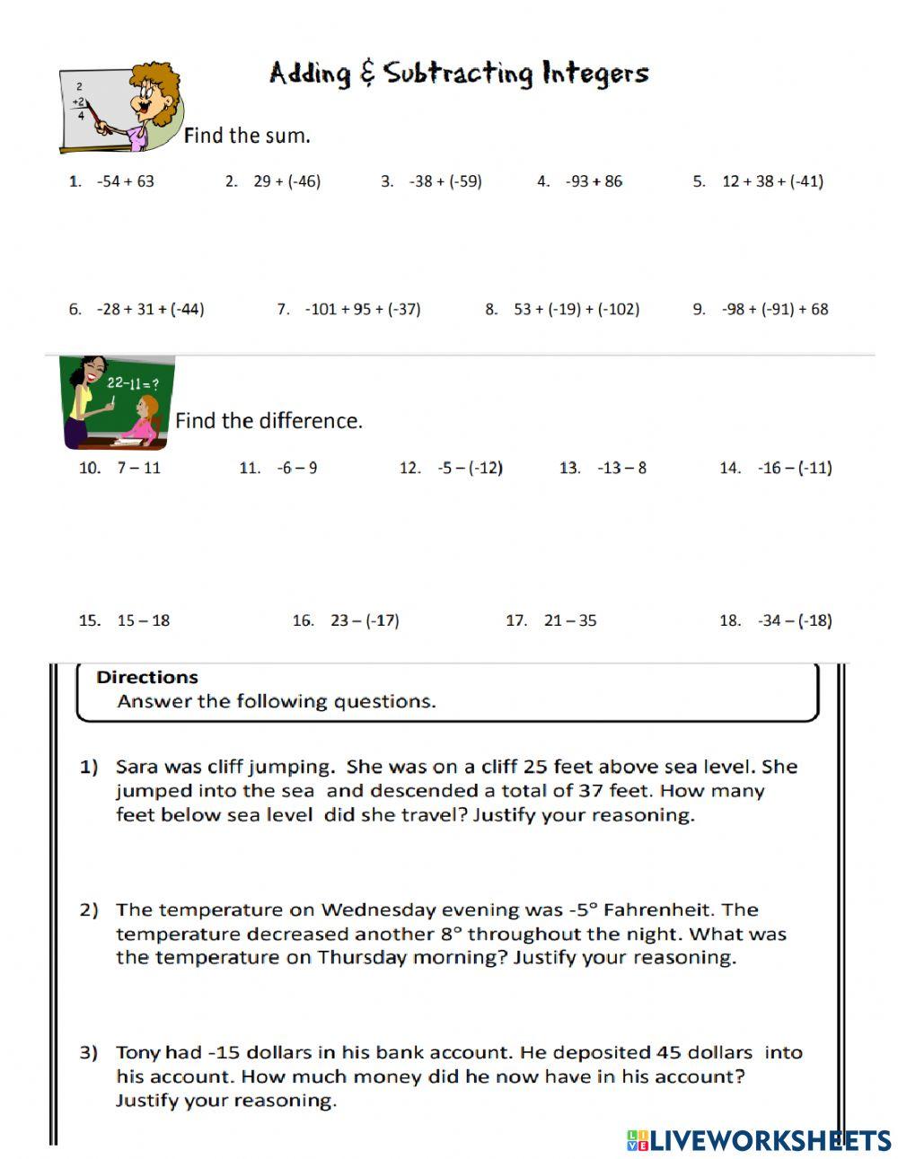 Integers 0540 | Nicolle98 | Live Worksheets