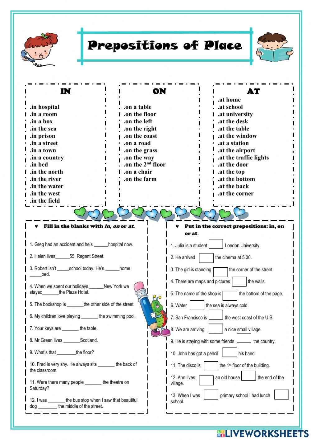 in on at place online exercise for | Live Worksheets