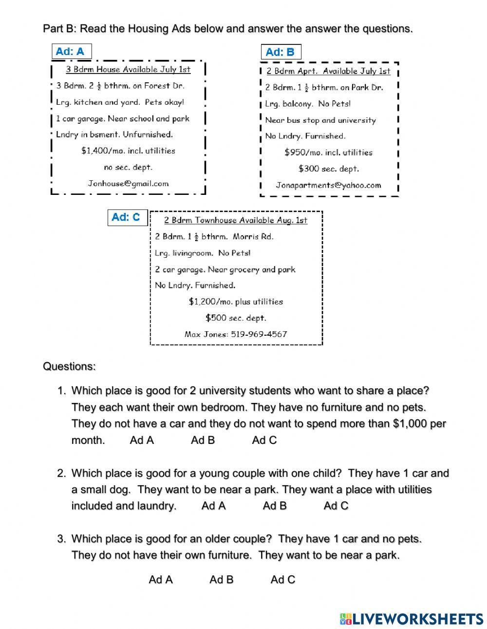 Housing Ads Com… | Free Interactive Worksheets | 2024700