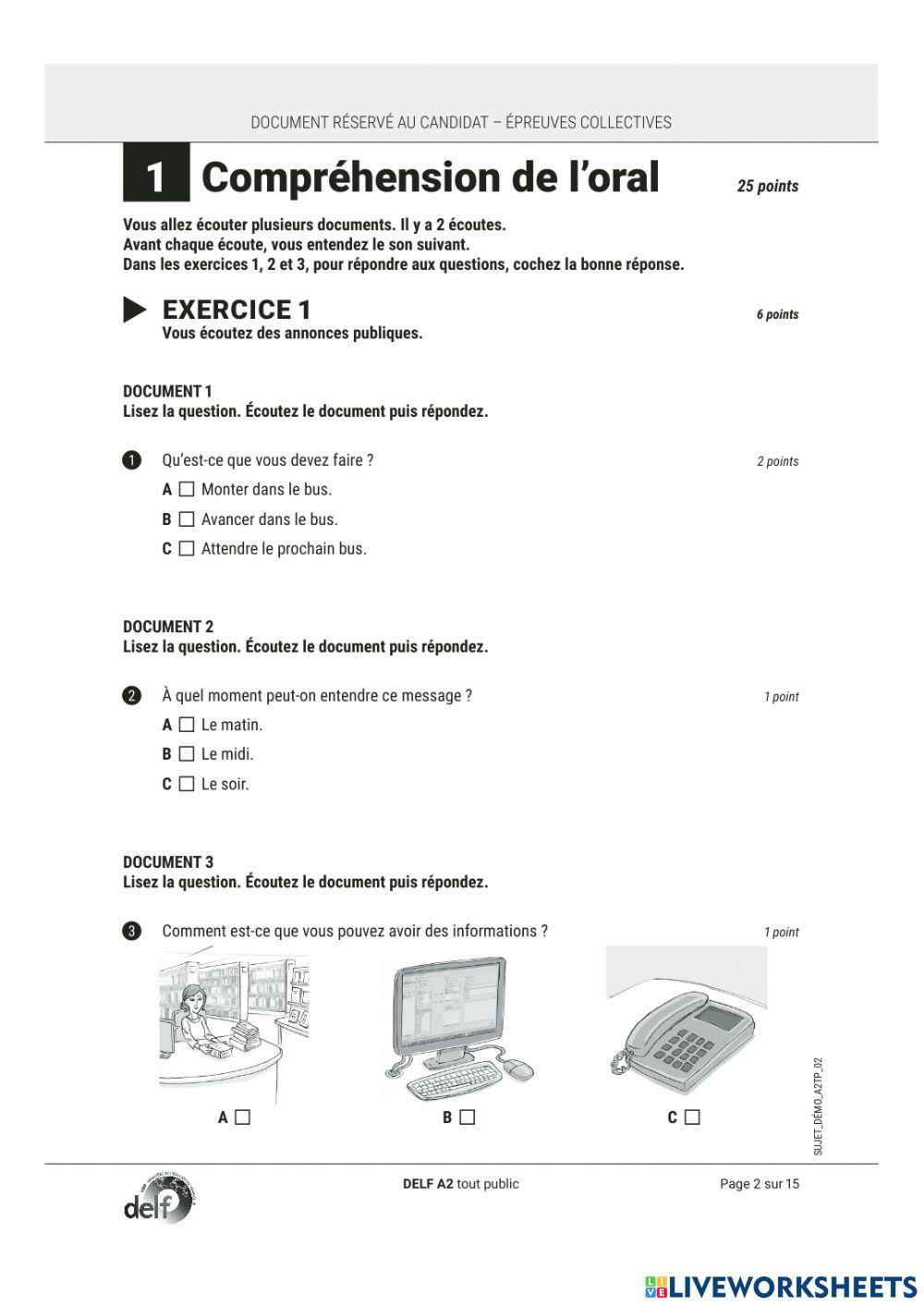 Compréhension orale online exercise for A2 | Live Worksheets