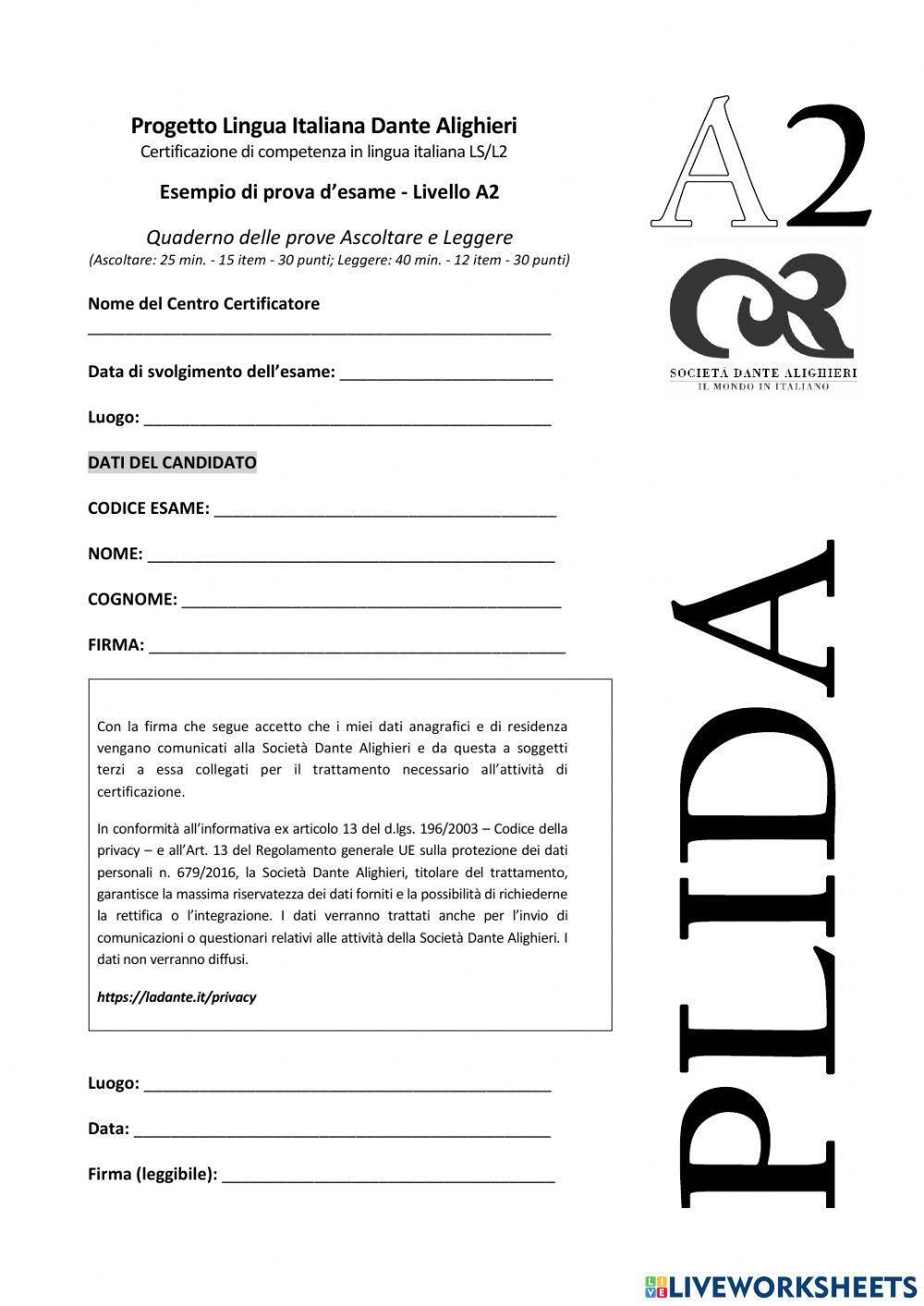 test di ascolto Plida A1 (parte 1) online exercise for | Live Worksheets